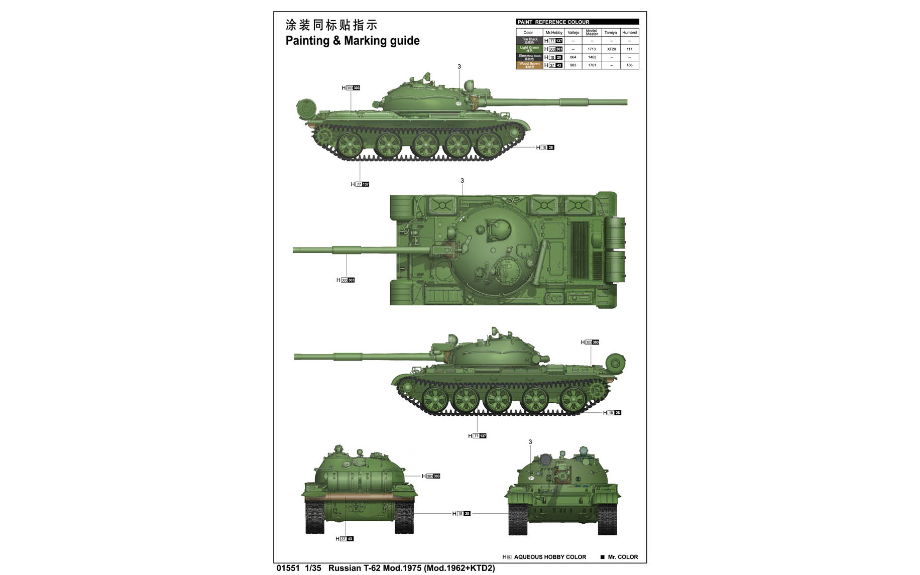 Russian T-62 Model 1975 (Model 1962 + KTD2) - Trumpeter 01551 ...