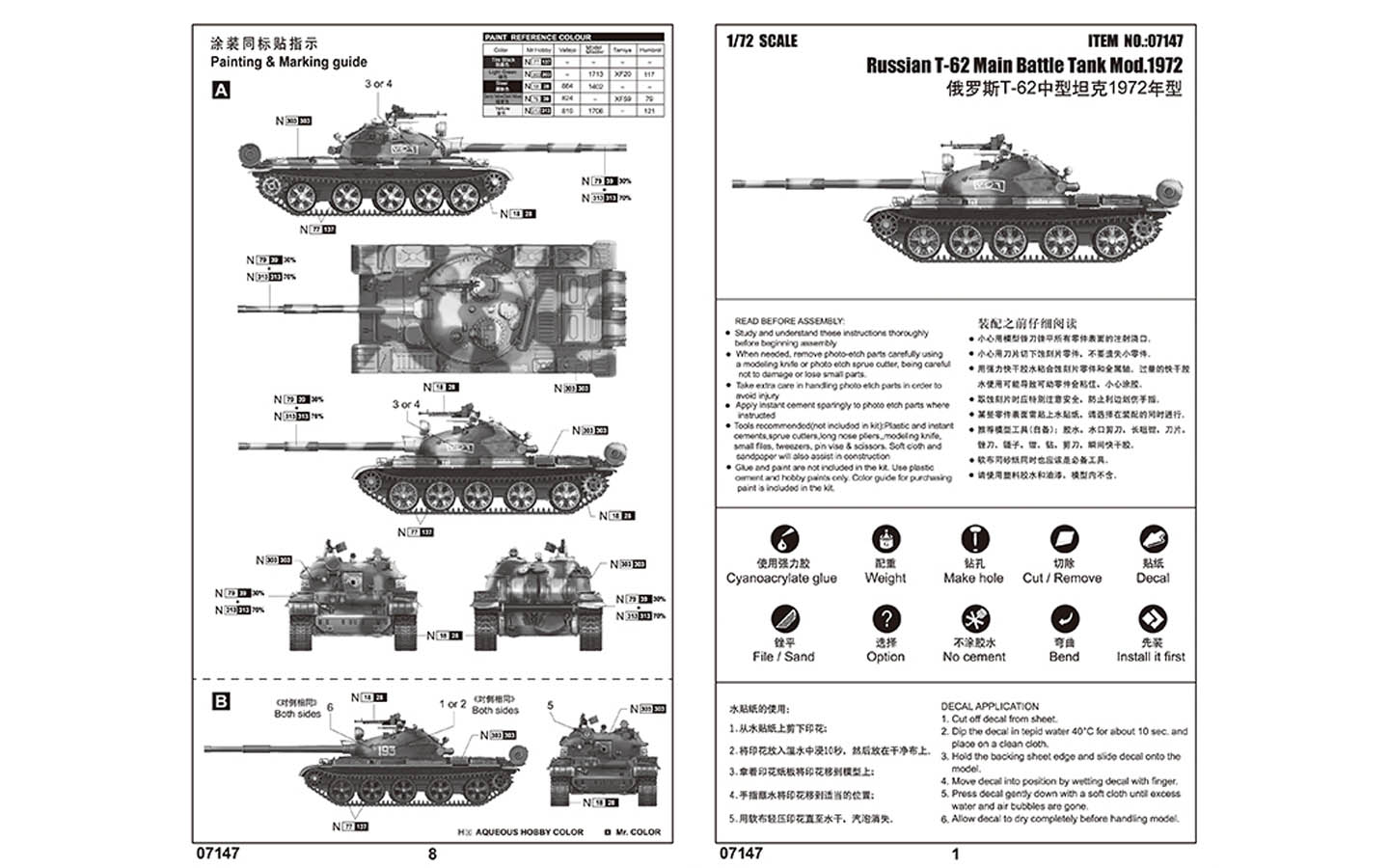 Russian T-62 Main Battle Tank, Model 1972 - Trumpeter 07147 ...