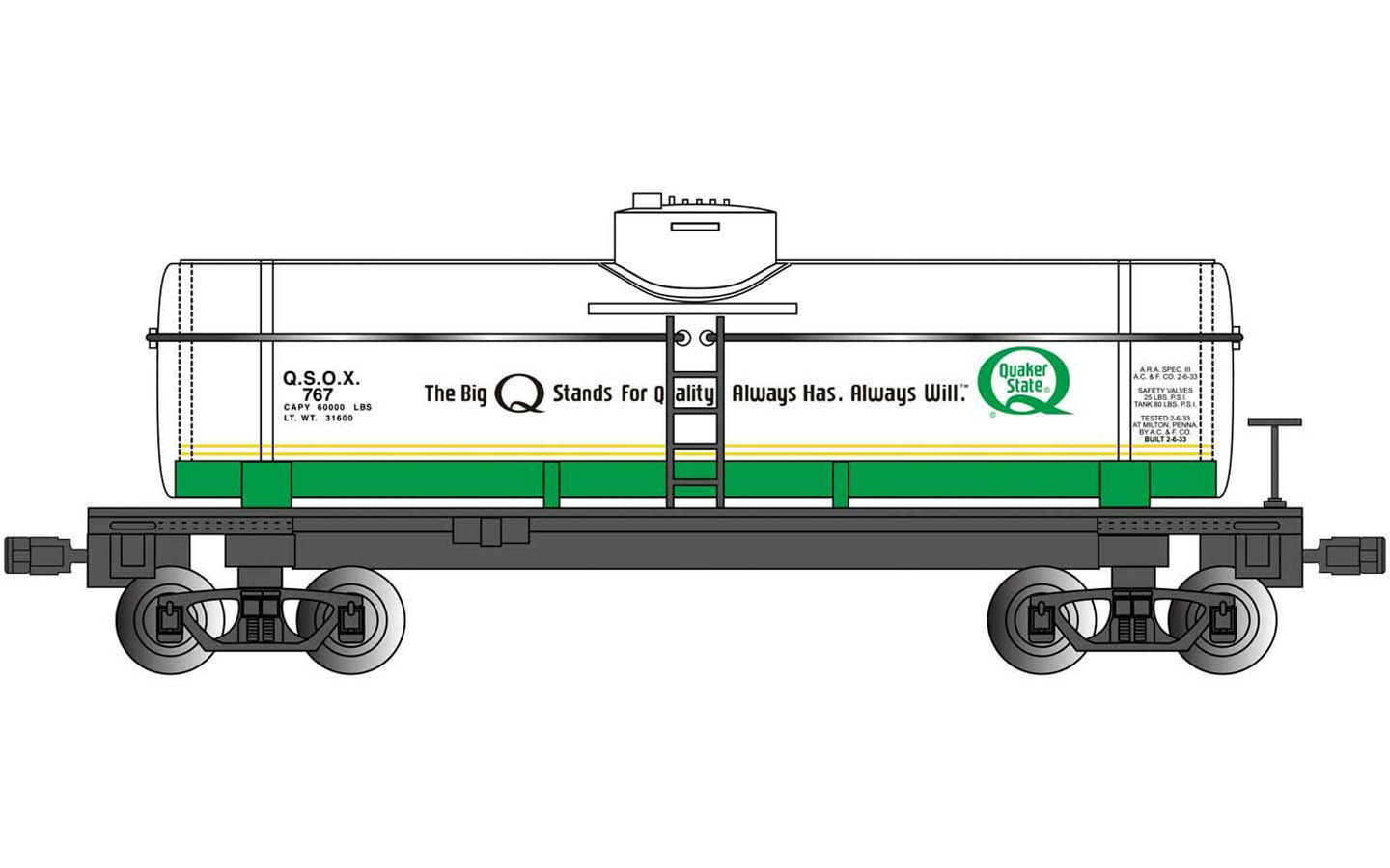 Quaker State #767, Single-Dome Tank Car - Bachmann Trains 95004 ...